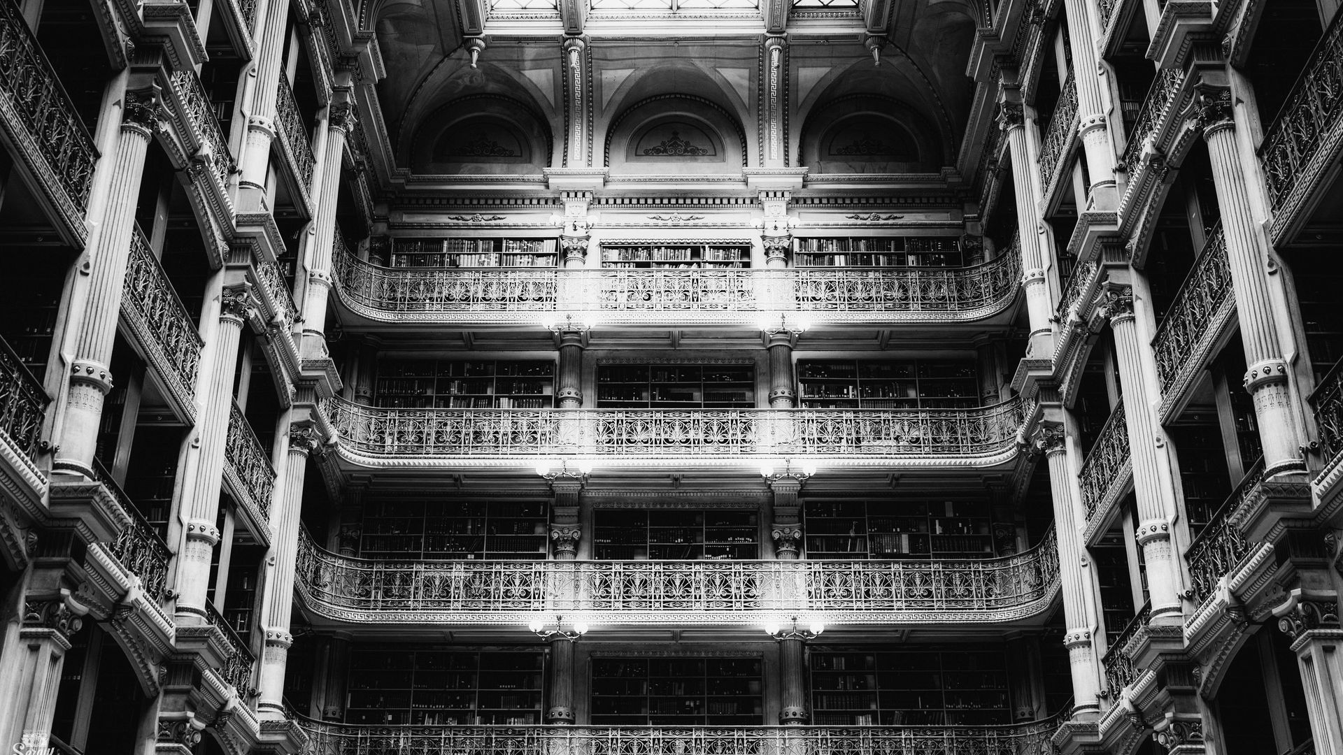 Download wallpaper 1920x1080 architecture, balconies, columns, bw full ...