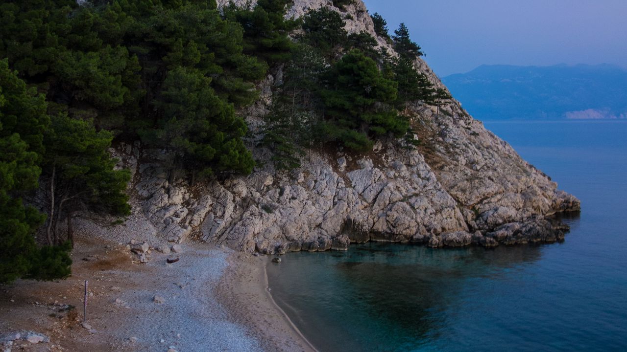 Wallpaper beach, rock, shore, dusk, landscape hd, picture, image
