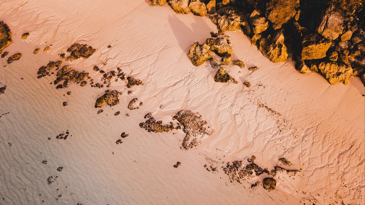 Wallpaper beach, sand, rocks, aerial view hd, picture, image