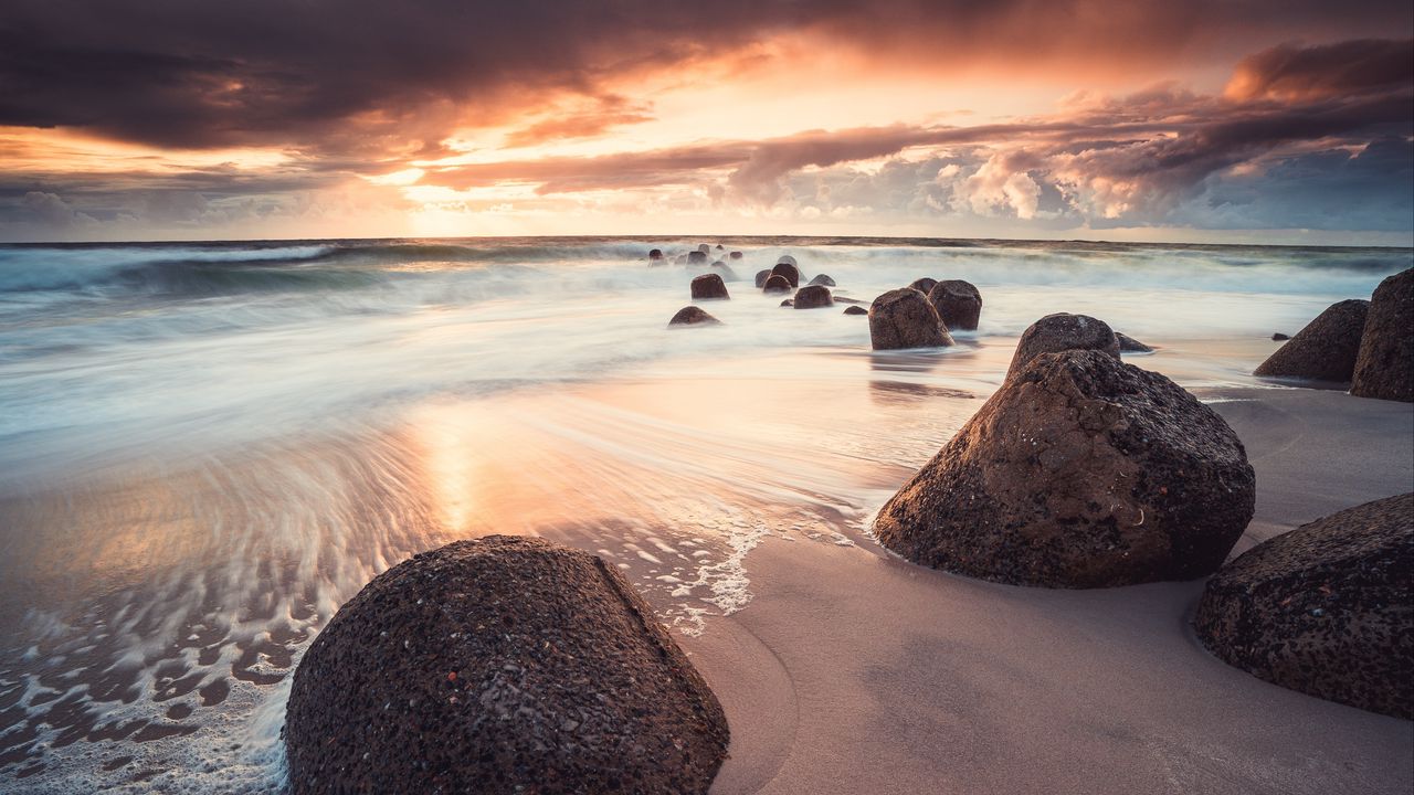 Wallpaper beach, sea, stones, sunset, landscape hd, picture, image