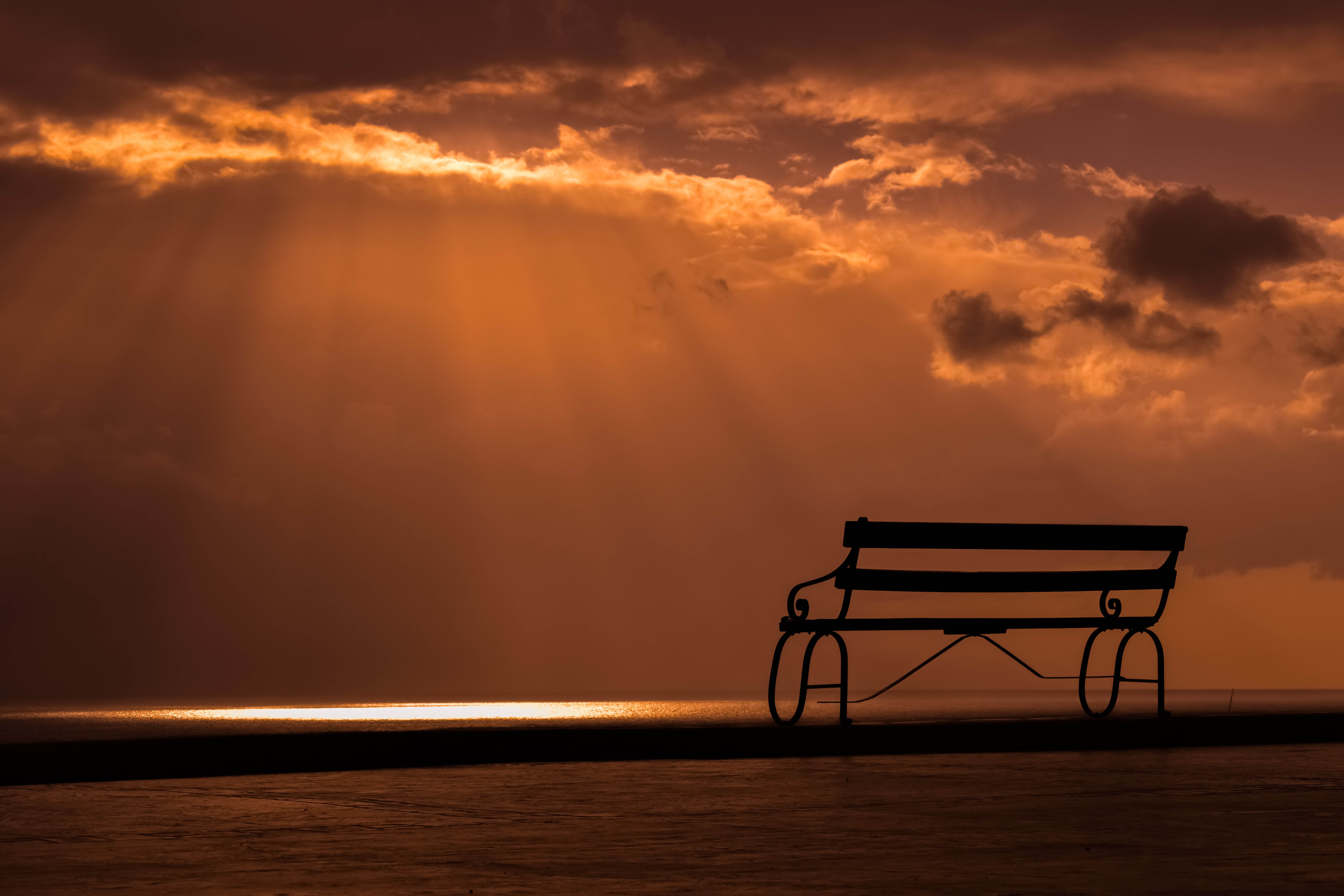 Download wallpaper 6000x4000 bench, sunset, sky, clouds hd background