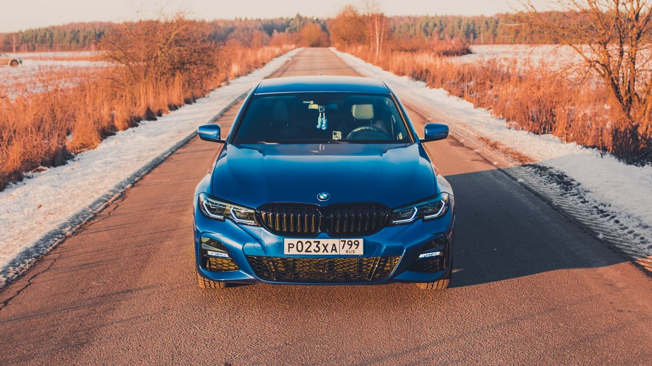 Wallpaper bmw, car, road, blue, front view hd, picture, image