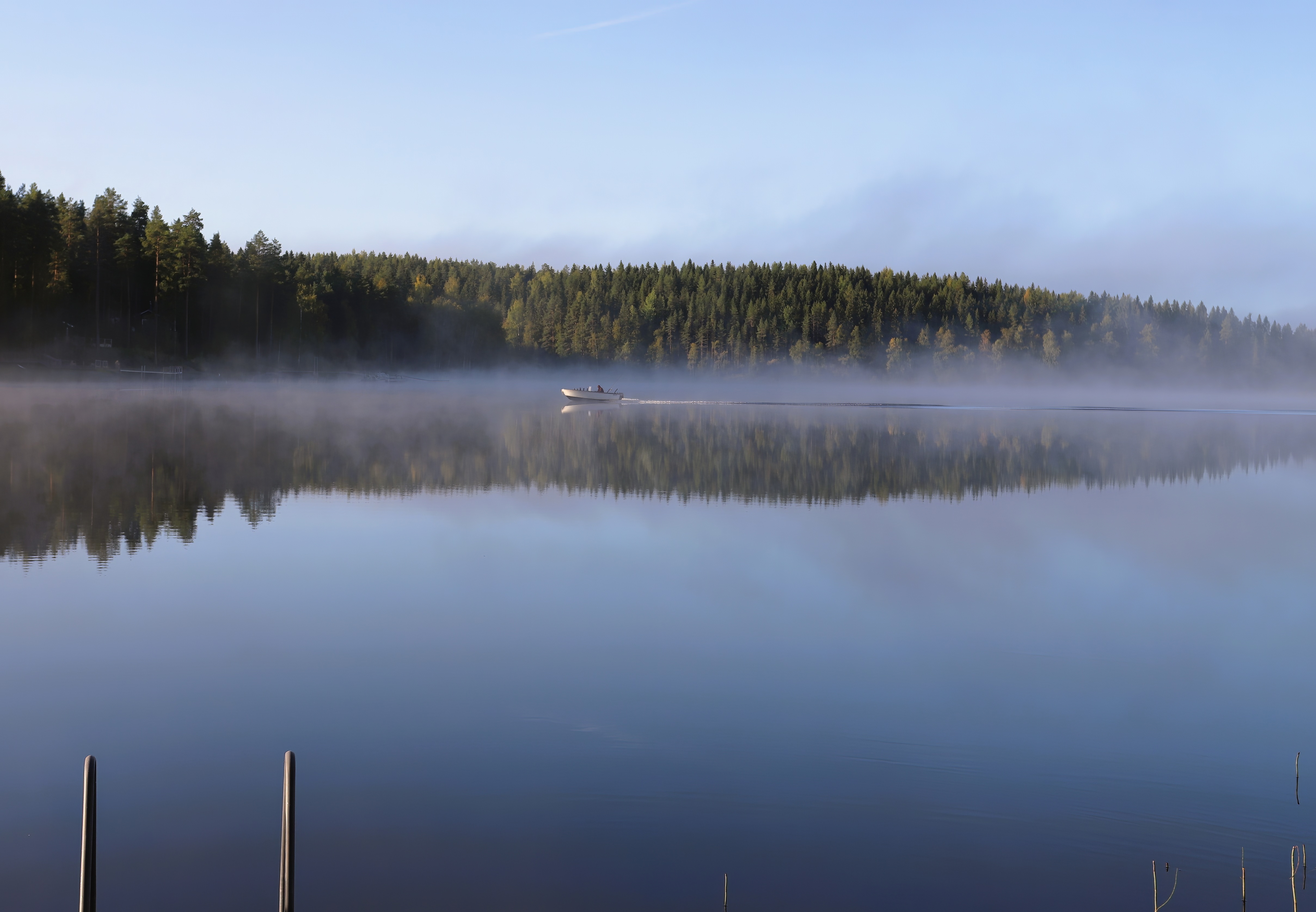 Download wallpaper 4835x3350 boat, lake, fog, forest hd background