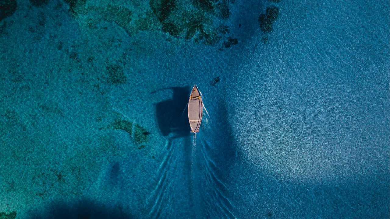Wallpaper boat, sea, water, aerial view hd, picture, image