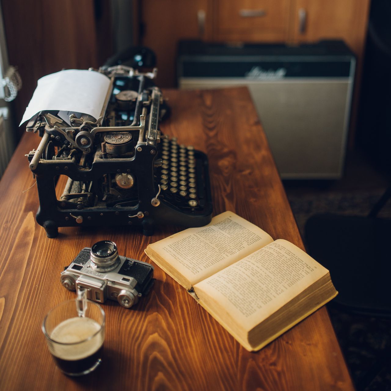 Download wallpaper 1280x1280 book, camera, typewriter, composition ...