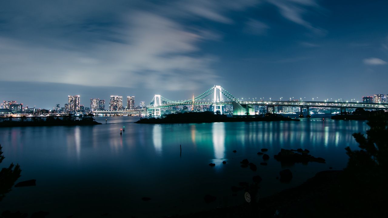 Wallpaper bridge, glow, water, night, sky hd, picture, image