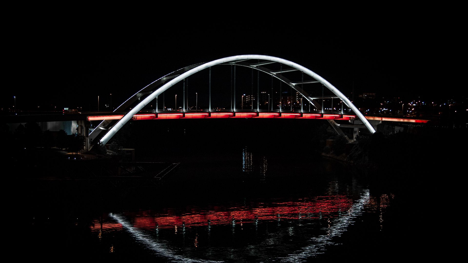 Download wallpaper 1920x1080 bridge, glow, water, dark full hd, hdtv ...