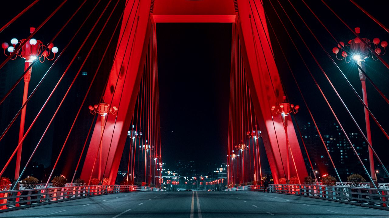 Wallpaper bridge, neon, road, red hd, picture, image