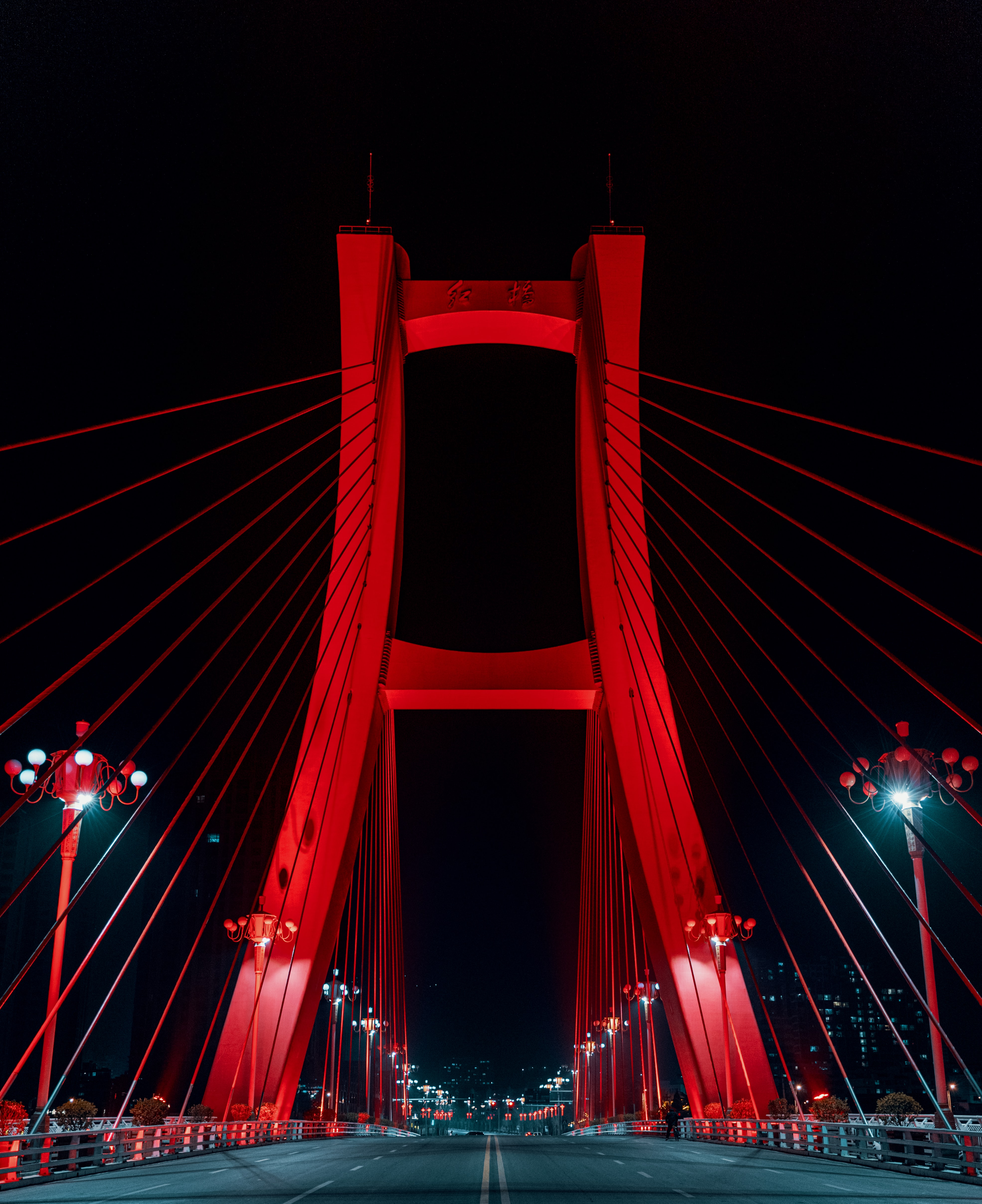 Download wallpaper 3939x4829 bridge, neon, road, red hd background