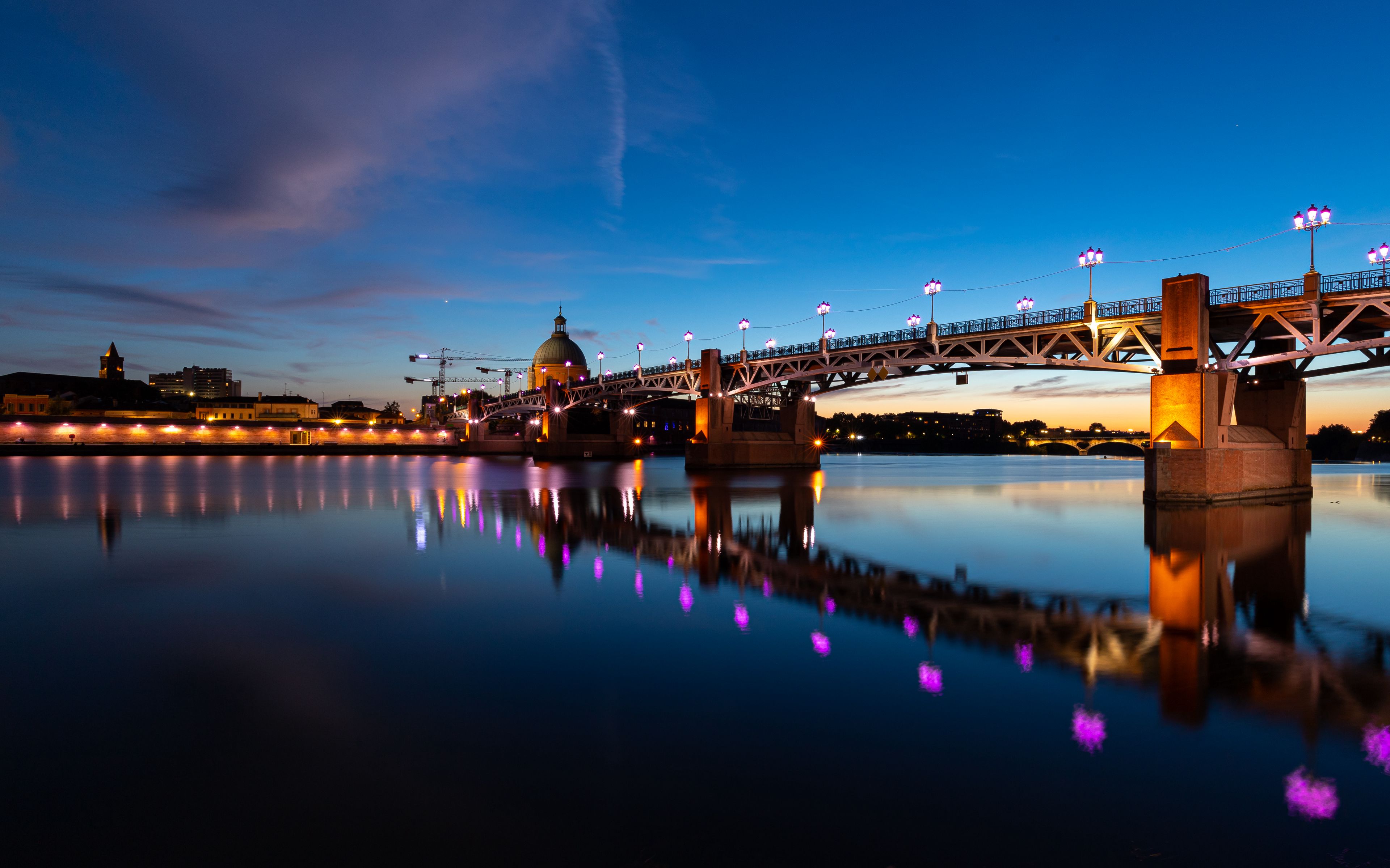 Download wallpaper 3840x2400 bridge, river, building, lights, night 4k ...