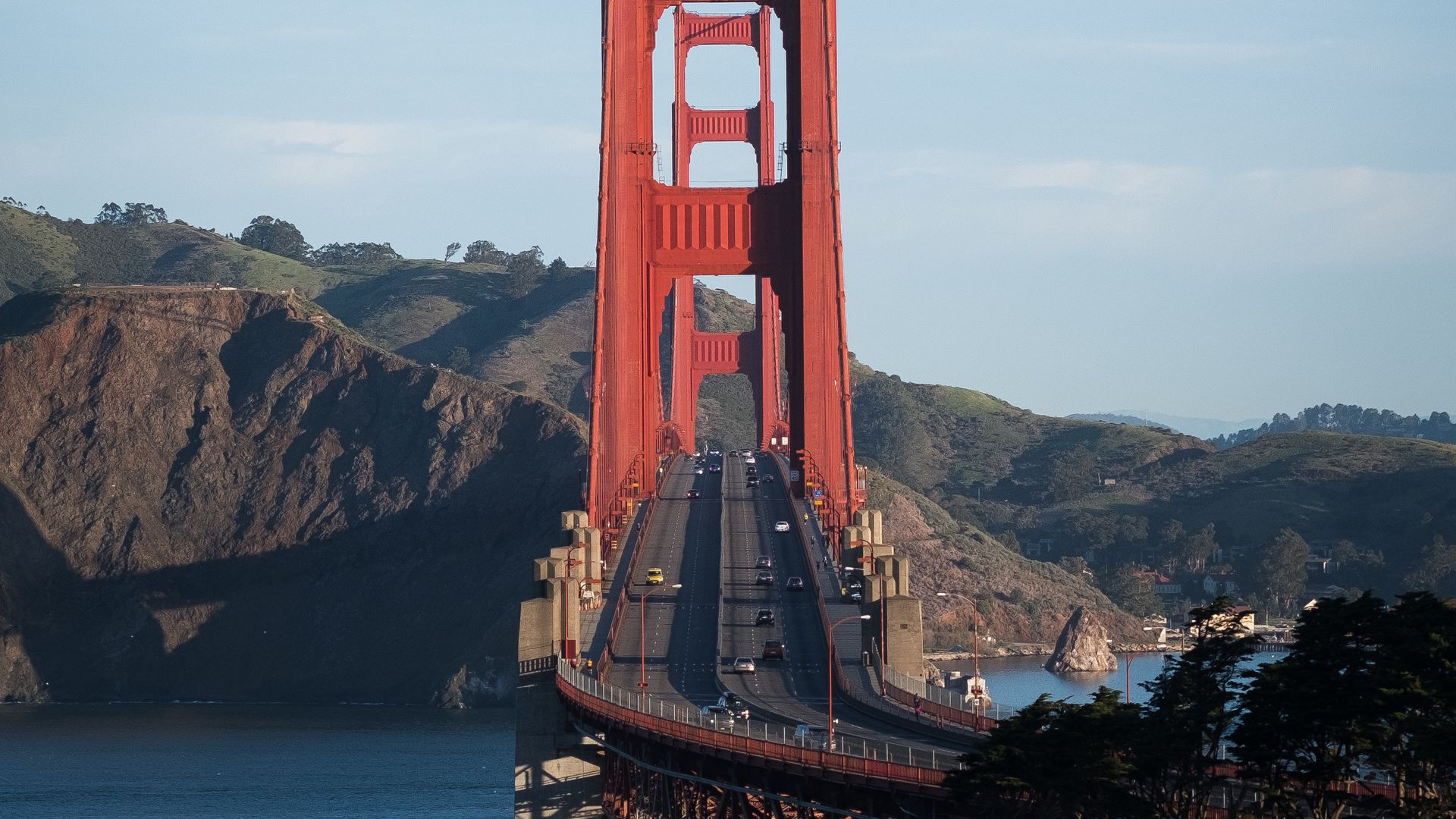 Download wallpaper 1920x1080 bridge, road, cars, architecture, rocks ...