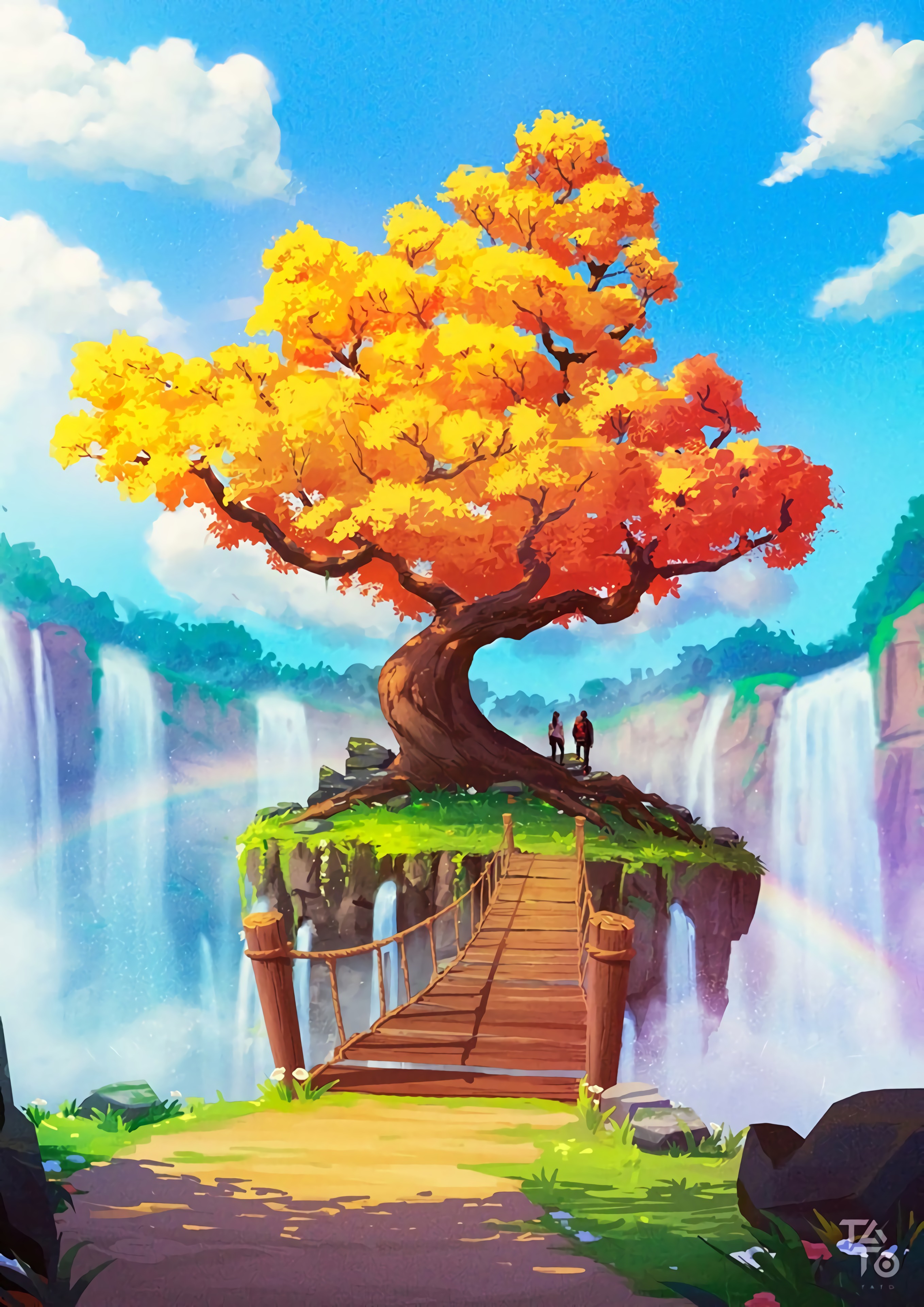Download wallpaper 2716x3840 bridge, tree, waterfall, cliff, art hd ...