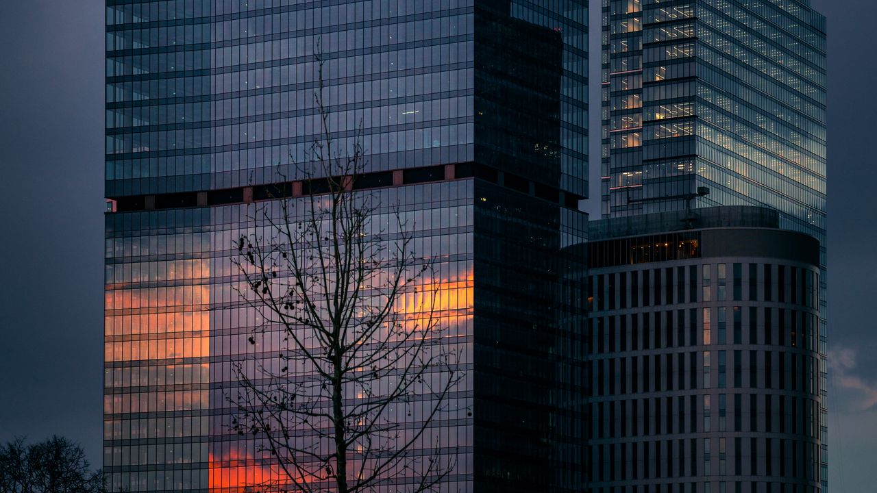 Wallpaper building, architecture, glass, twilight hd, picture, image