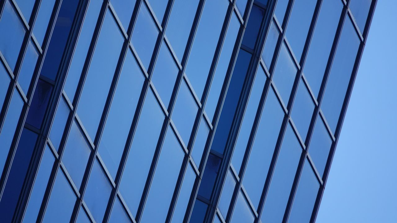 Wallpaper building, architecture, glass, sky, blue hd, picture, image