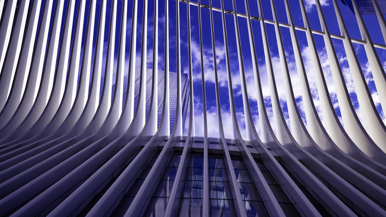 Wallpaper building, architecture, stripes, sky, blue hd, picture, image