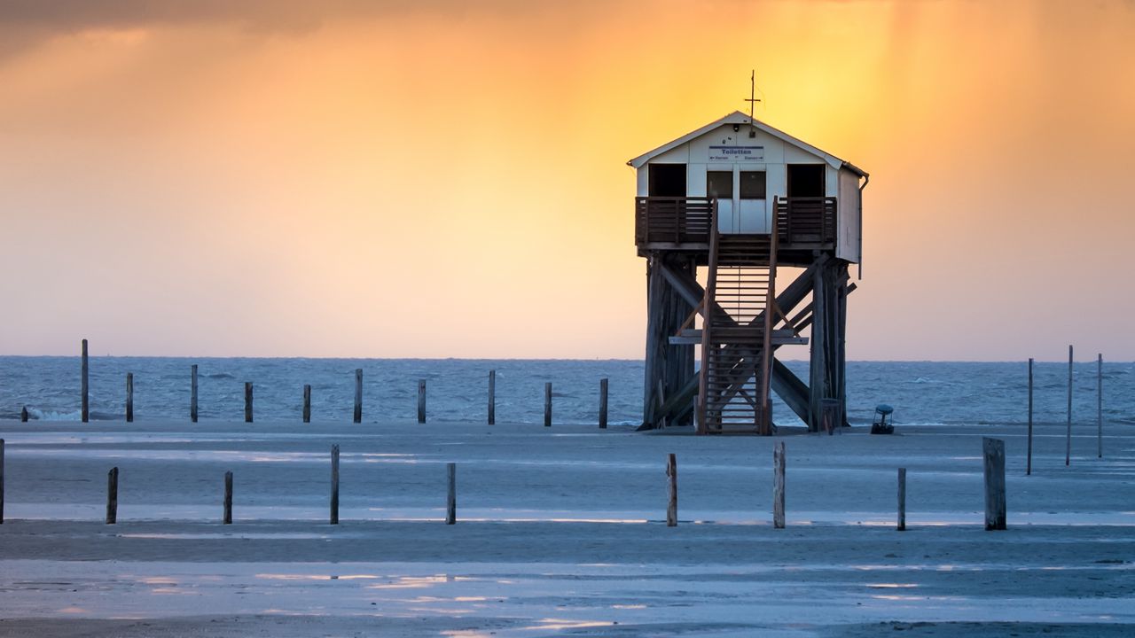 Wallpaper building, beach, sea, sunset hd, picture, image