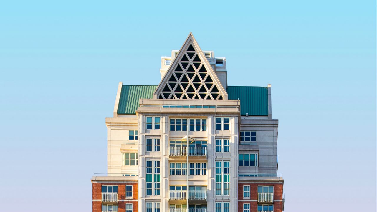 Wallpaper building, facade, minimalism, sky, gradient hd, picture, image