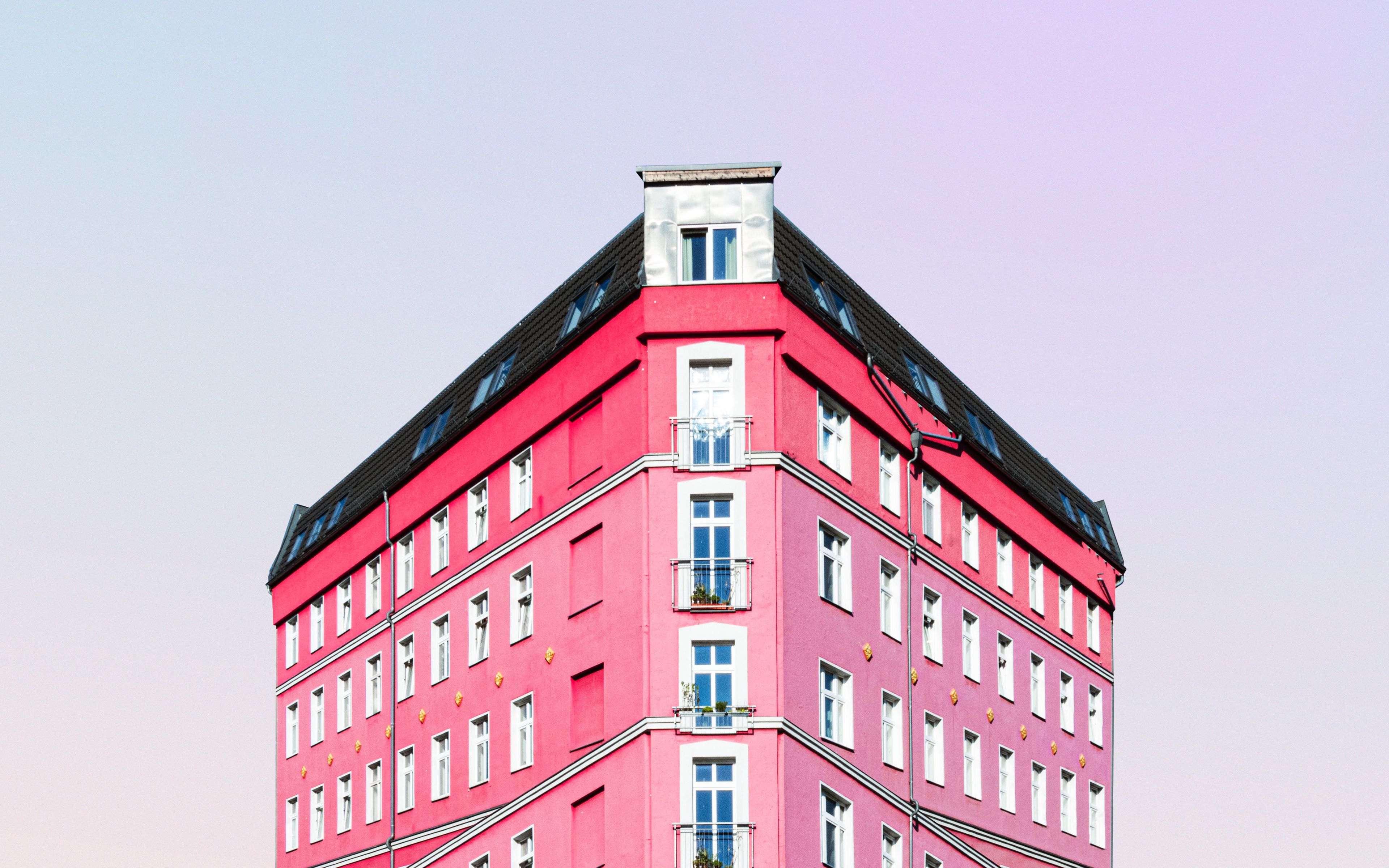 Download wallpaper 3840x2400 building, facade, minimalism, pink ...
