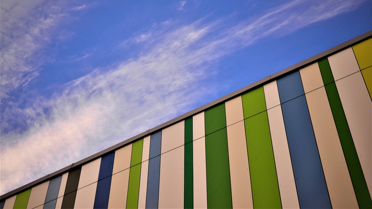 Wallpaper building, facade, stripes, clouds hd, picture, image