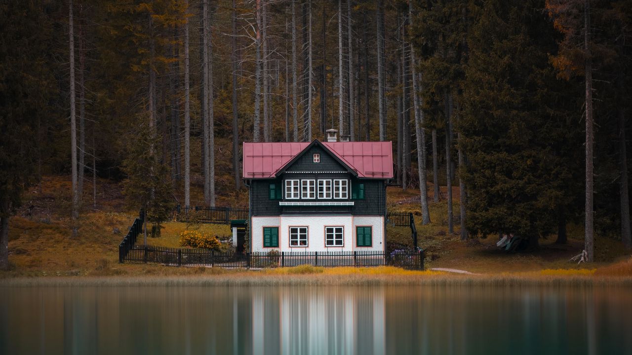 Wallpaper building, lake, trees, forest hd, picture, image