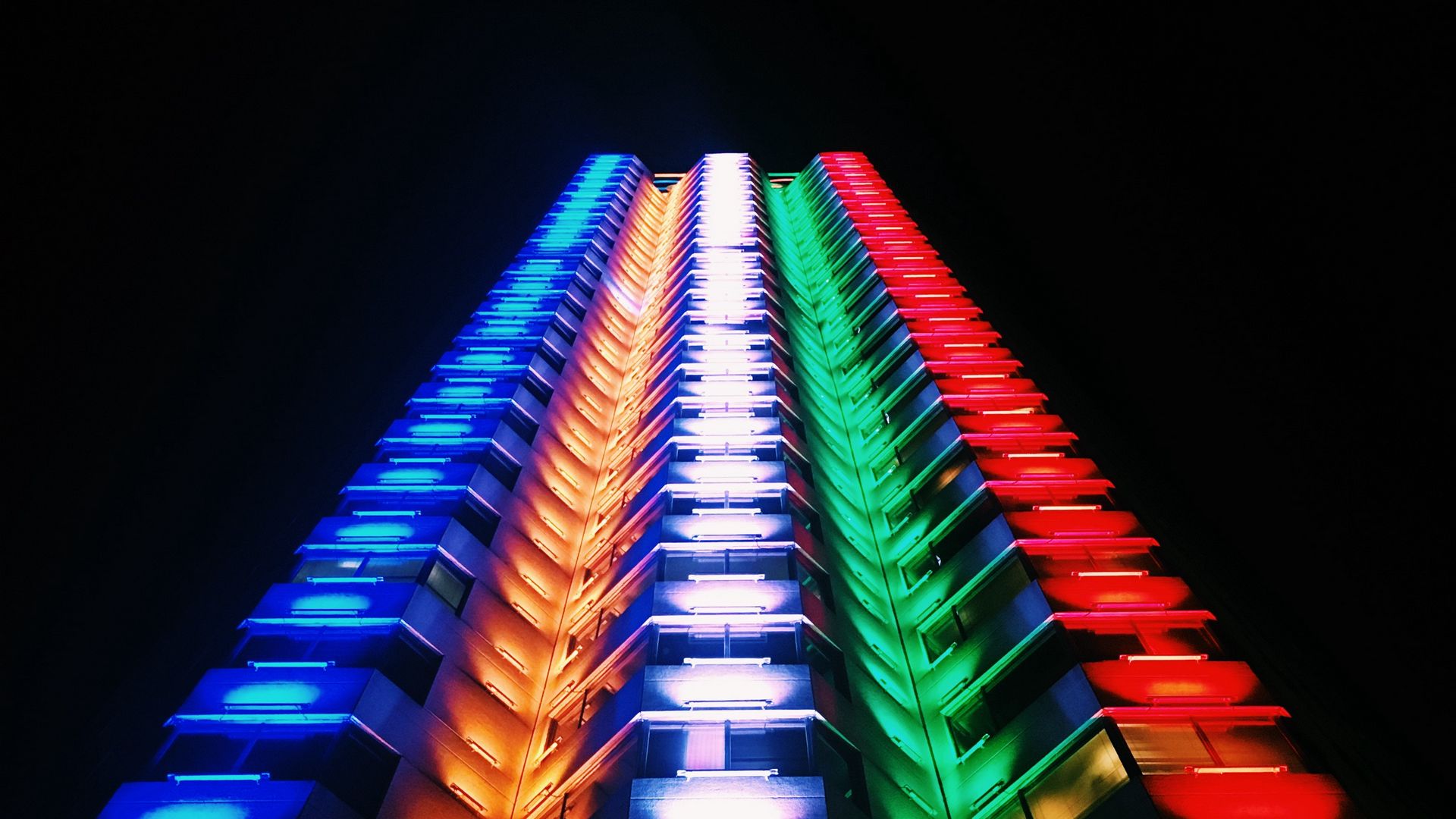 Download wallpaper 1920x1080 building, light, multicolored, bottom view ...