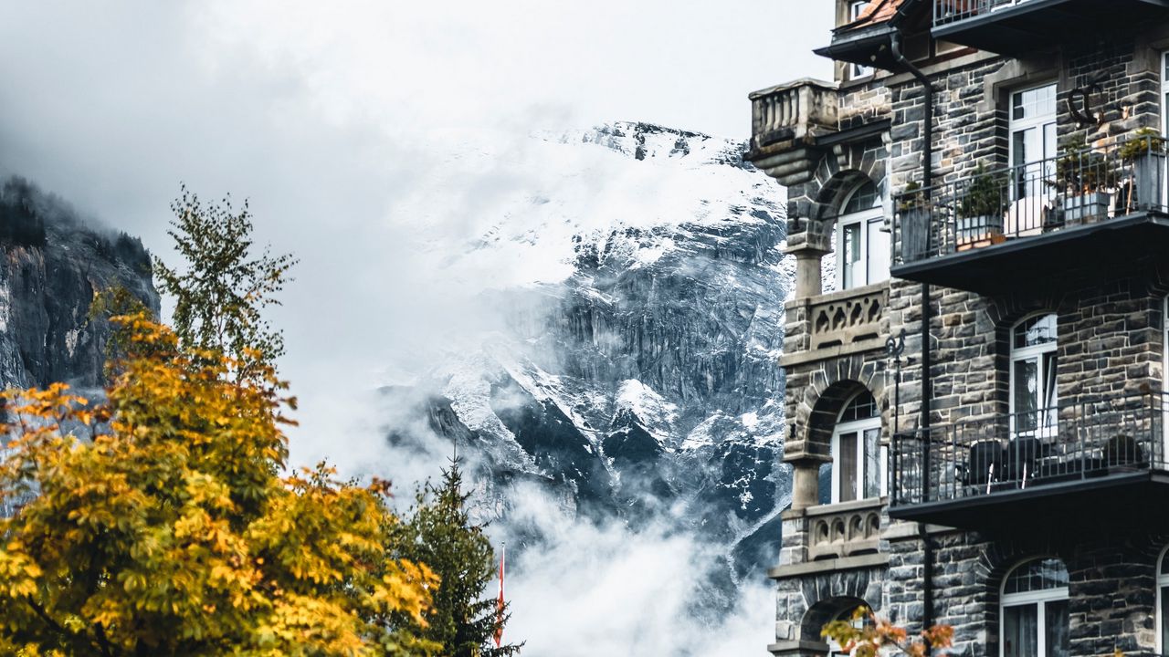 Wallpaper building, mountain, trees, clouds, nature hd, picture, image