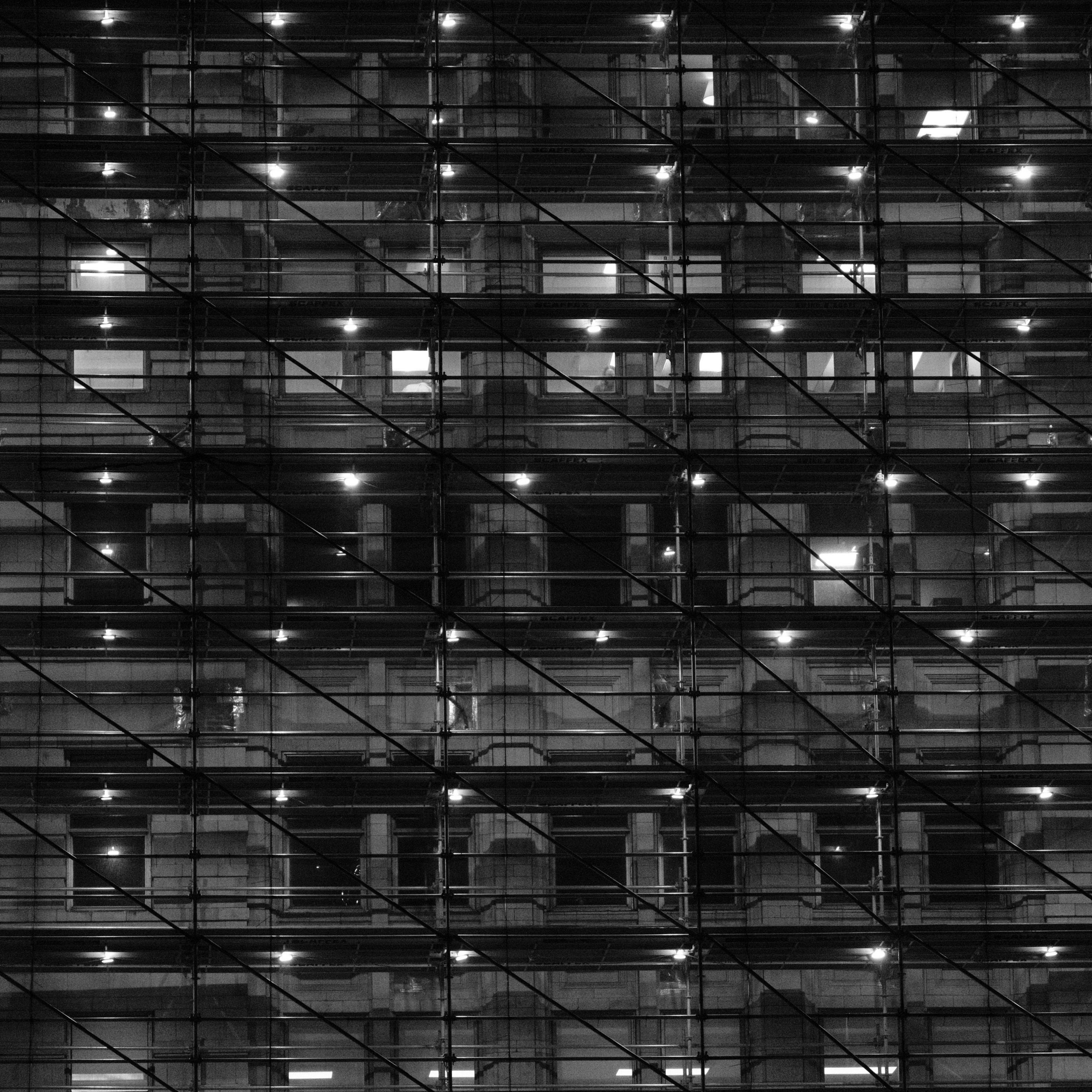 Download wallpaper 2780x2780 building, windows, lights, rafters, dark ...
