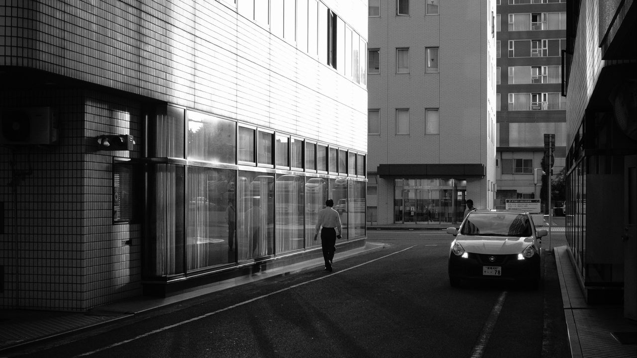 Wallpaper buildings, bw, street, man, city hd, picture, image