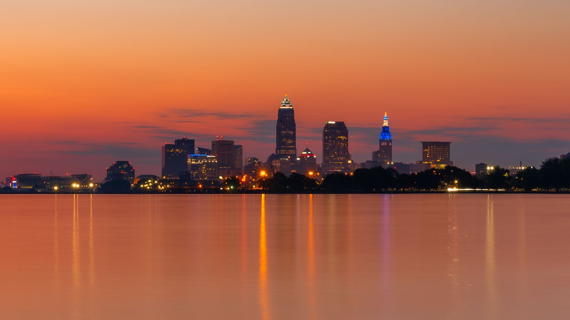 Download wallpaper 1920x1080 buildings, city, horizon, sunset, water ...