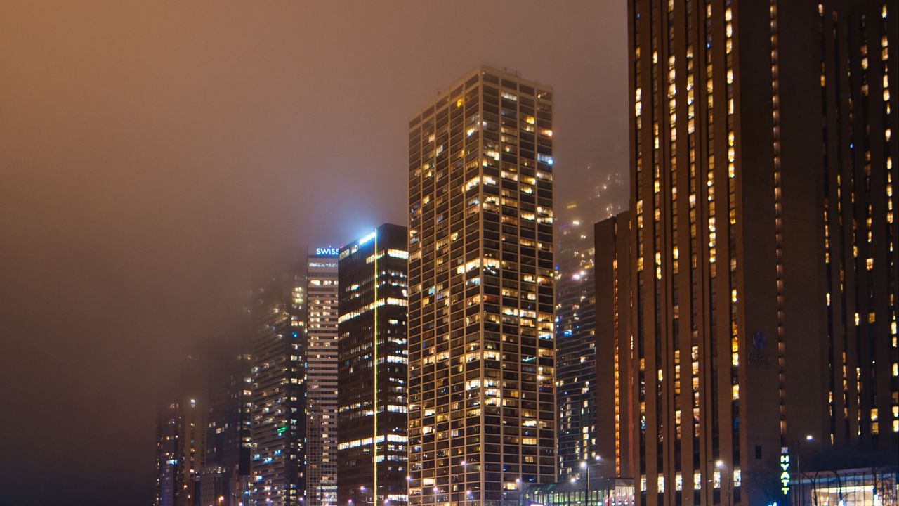 Wallpaper buildings, lights, fog, night, city hd, picture, image