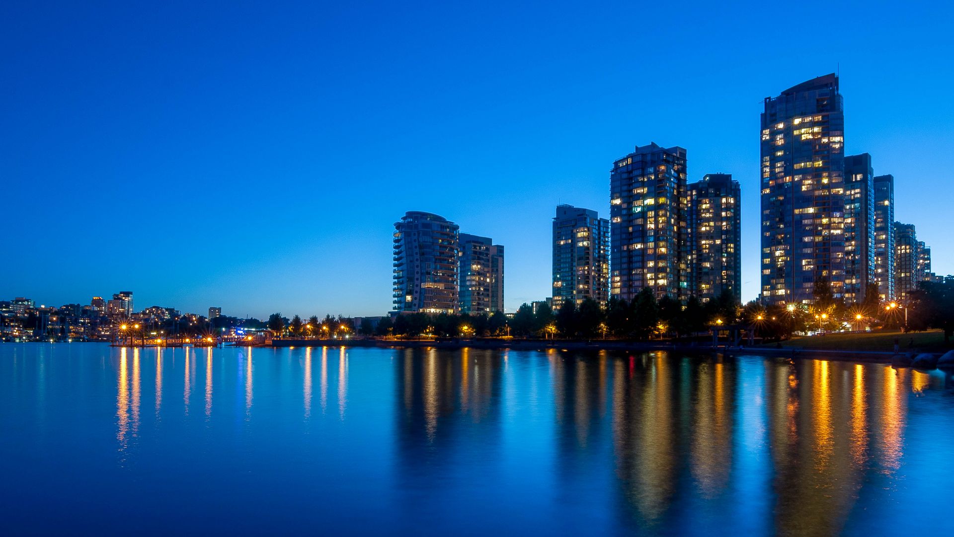 Download wallpaper 1920x1080 buildings, lights, lake, trees, twilight ...