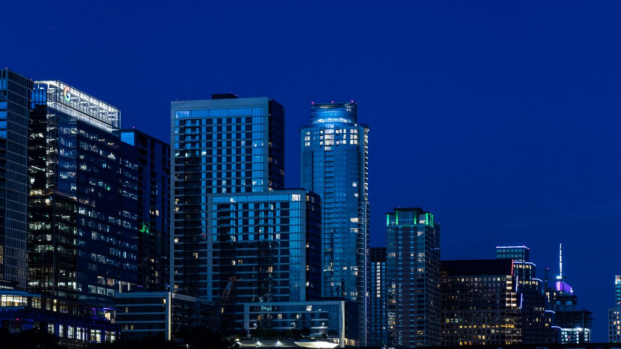 Wallpaper buildings, skyscrapers, lights, city, night, blue hd, picture ...