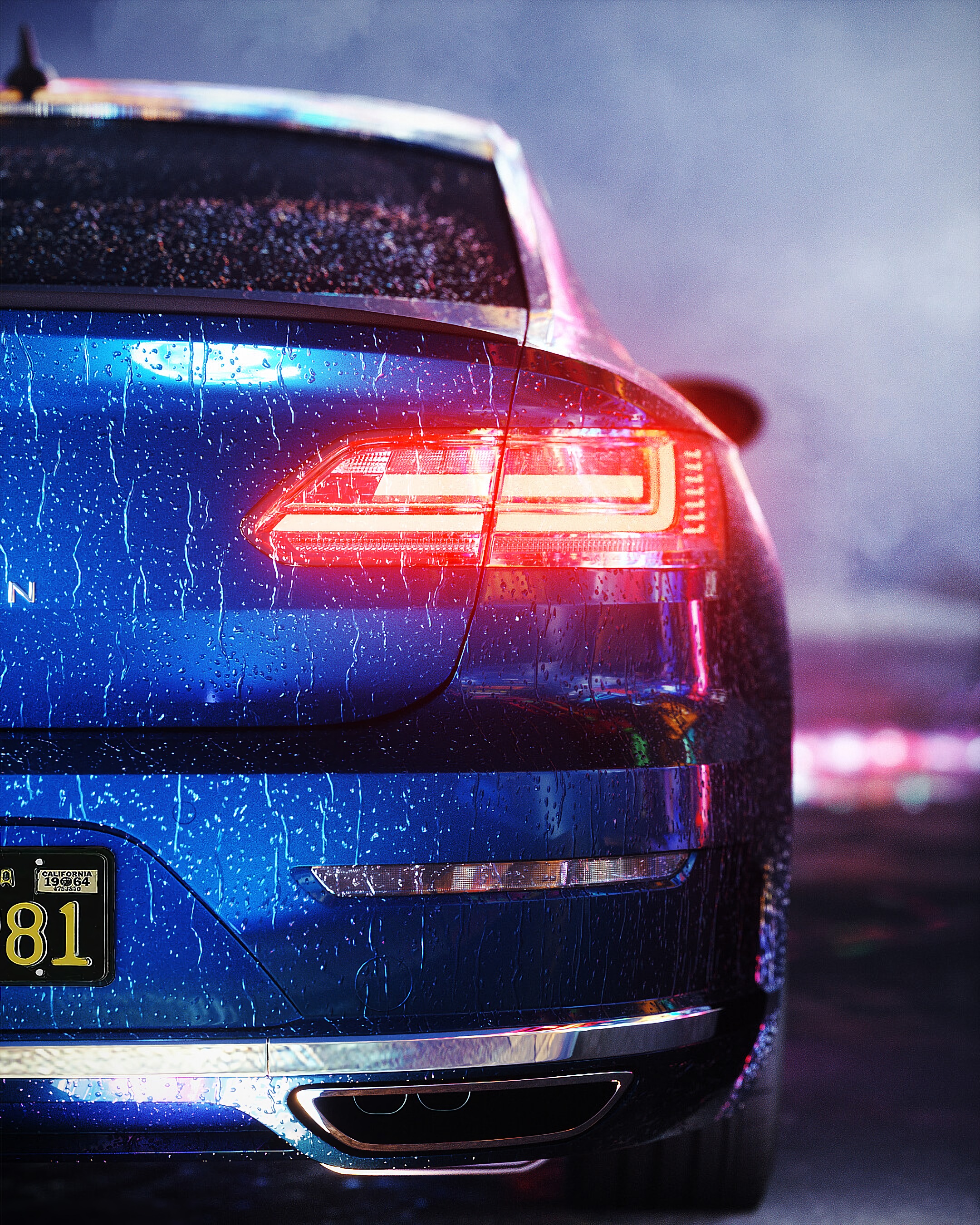 Download wallpaper 2160x2700 car, blue, wet, rear view, backlight ...