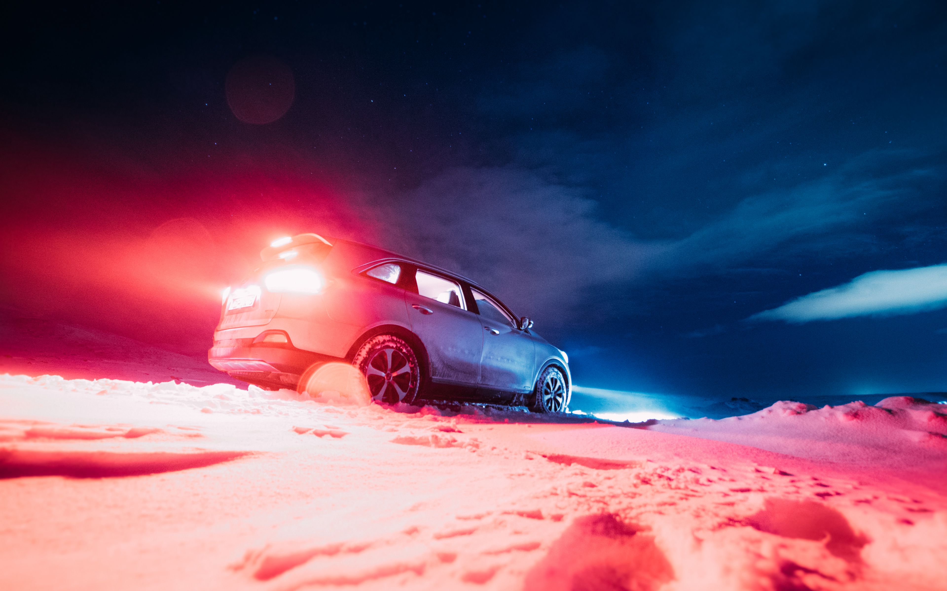 Download wallpaper 3840x2400 car, night, snow, starry sky 4k ultra hd ...