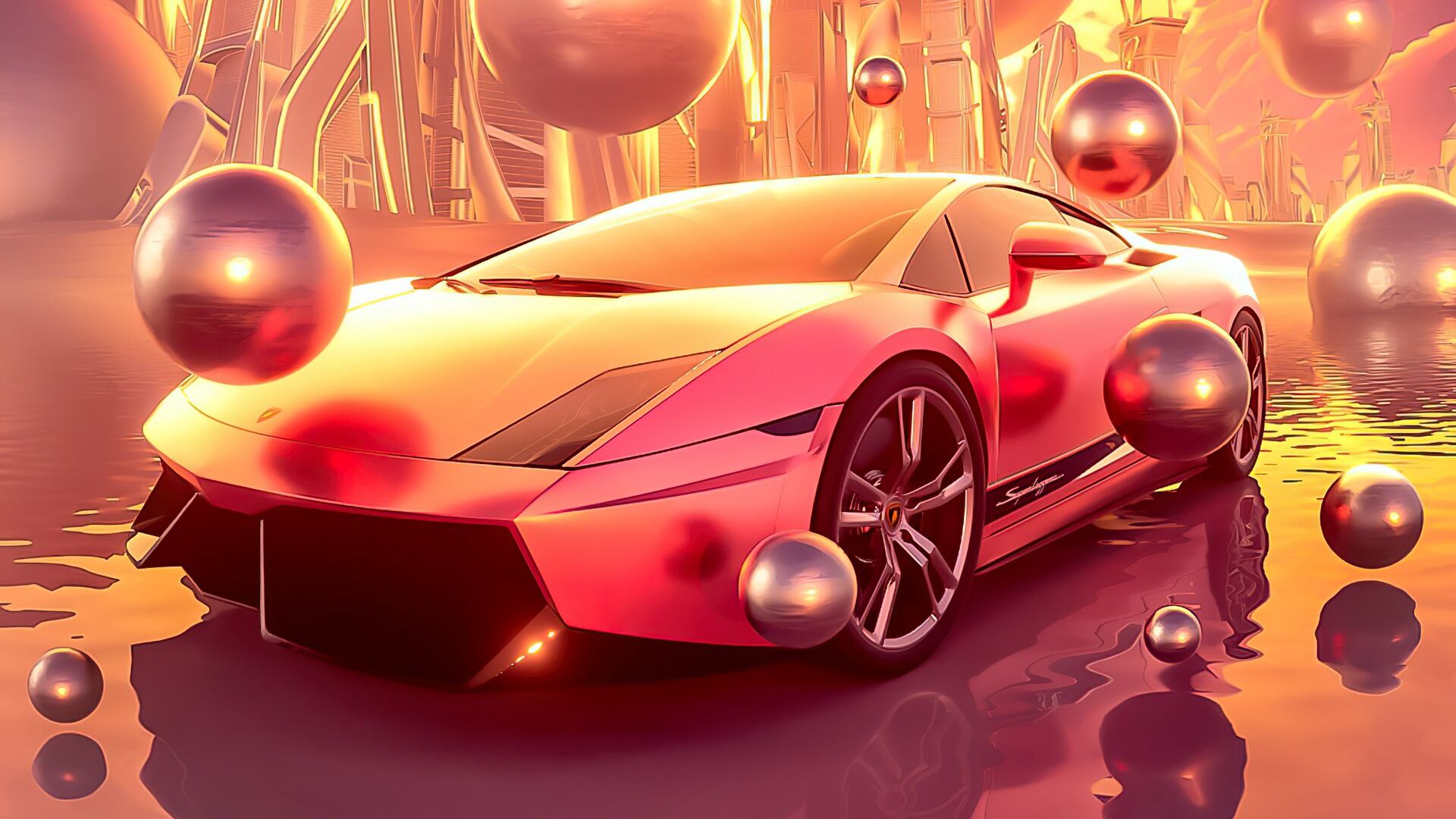 Download wallpaper 1920x1080 car, sports car, balls, buildings, art ...