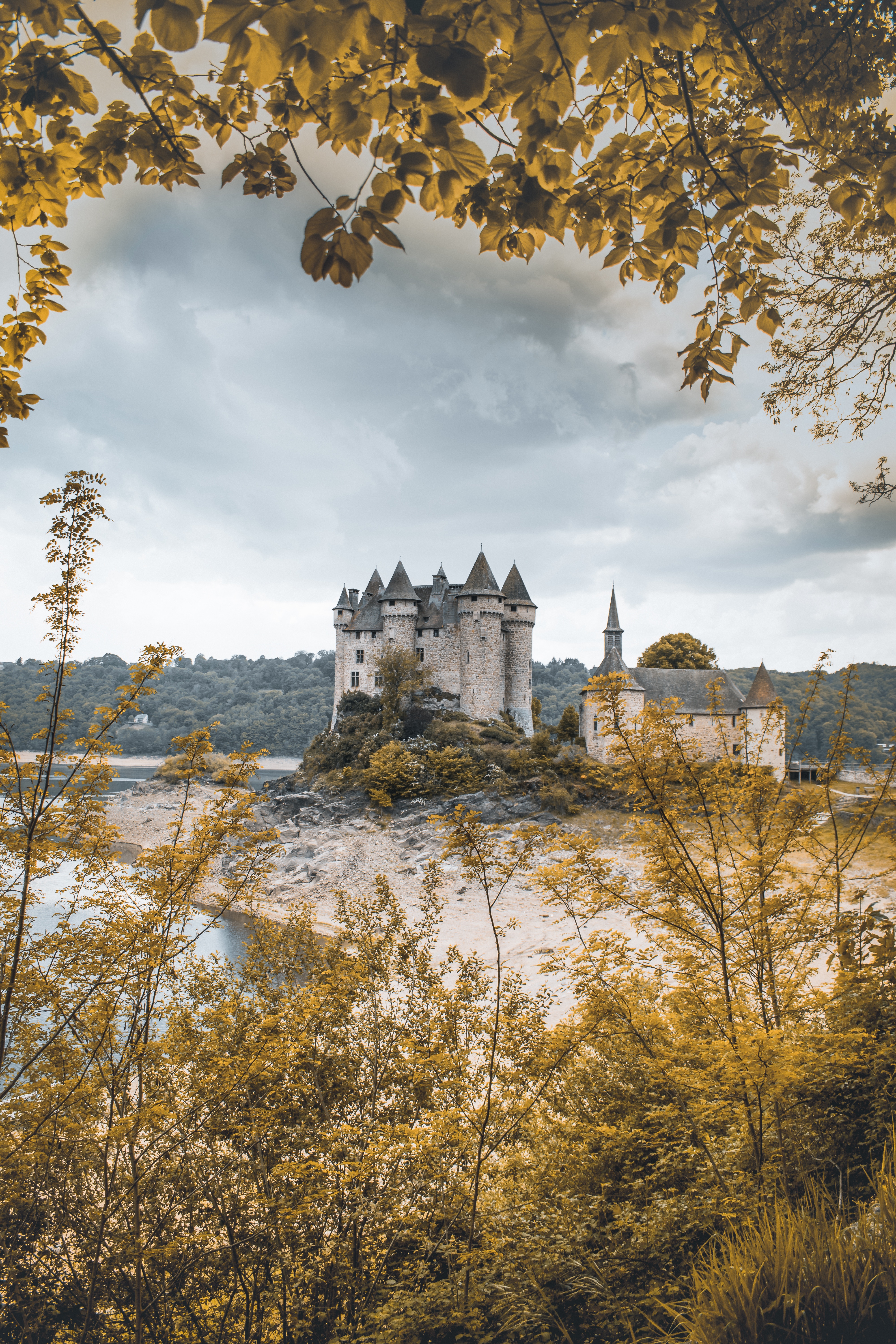 Download wallpaper 4000x6000 castle, branches, leaves, lake ...