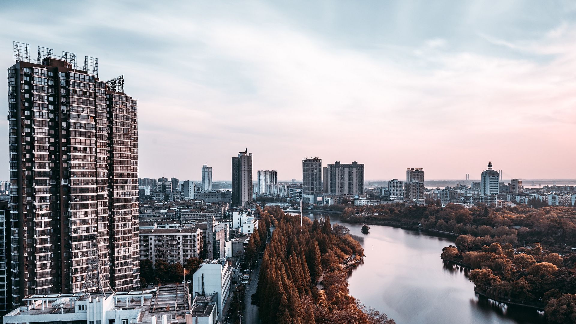 Download wallpaper 1920x1080 city, aerial view, river, trees, sky full ...