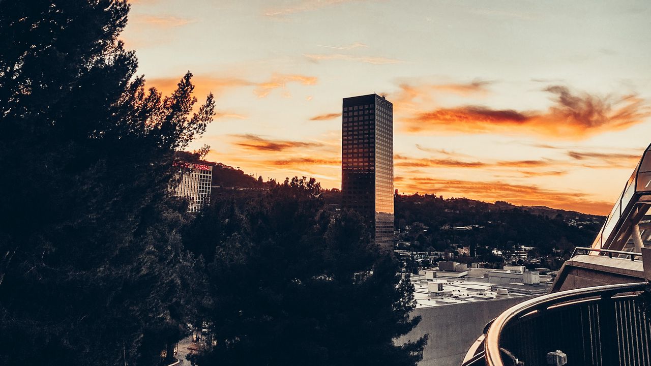 Wallpaper city, building, road, sunset hd, picture, image