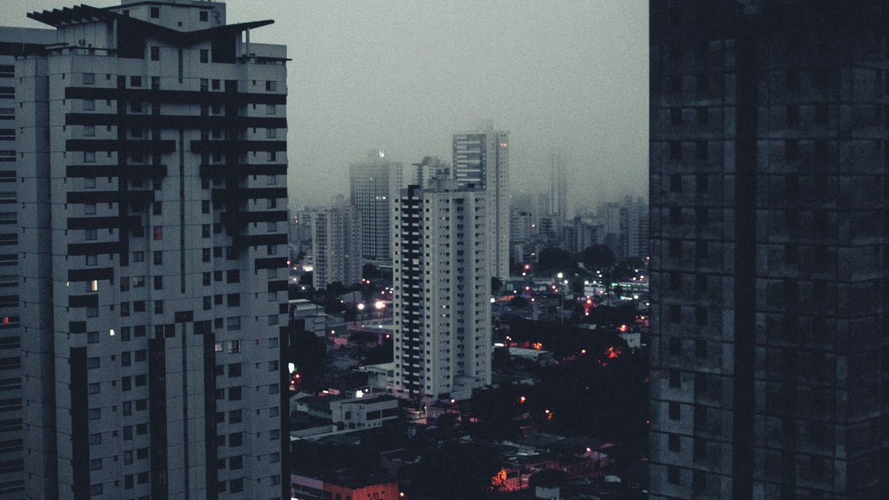 Wallpaper city, buildings, aerial view, fog, dusk hd, picture, image