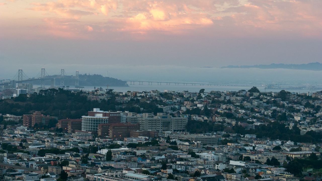 Wallpaper city, buildings, aerial view, clouds, fog hd, picture, image