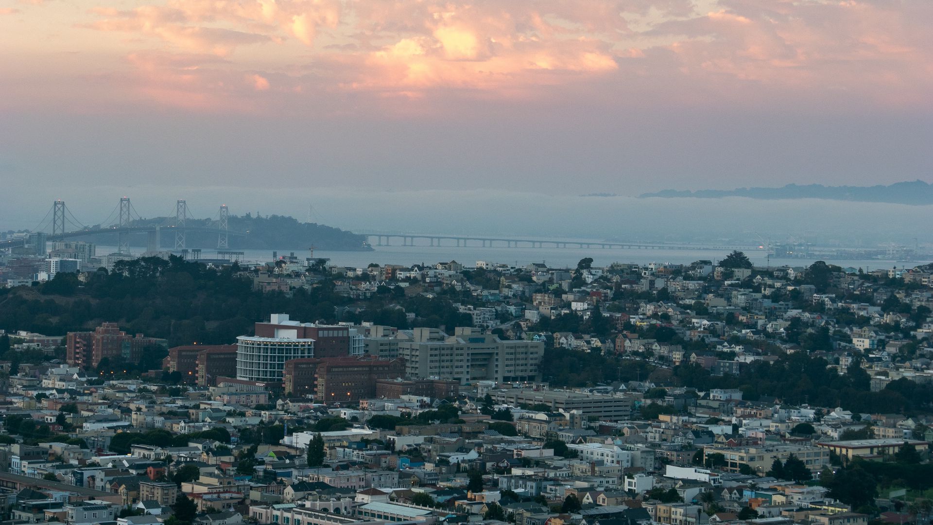 Download wallpaper 1920x1080 city, buildings, aerial view, clouds, fog ...
