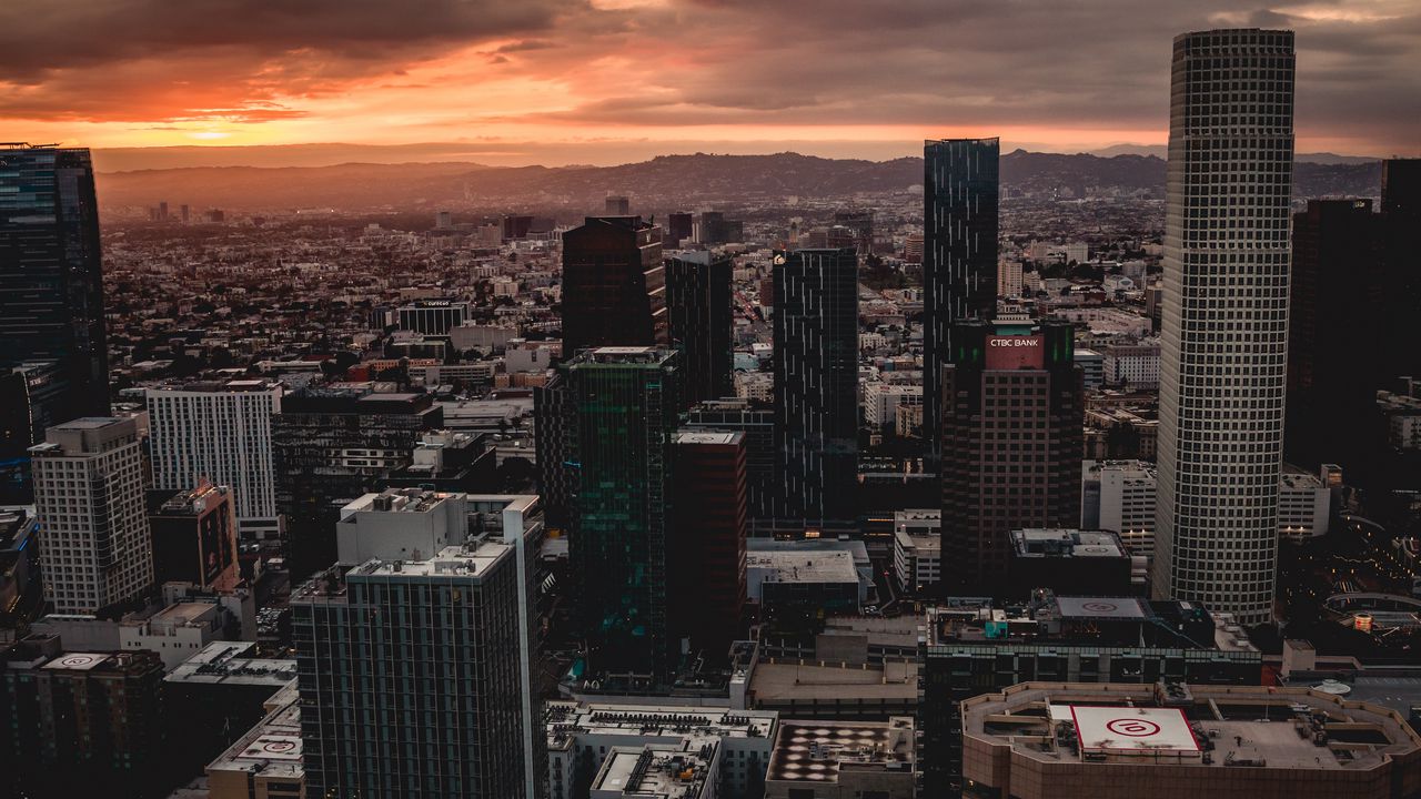 Wallpaper city, buildings, aerial view, sunset, horizon hd, picture, image