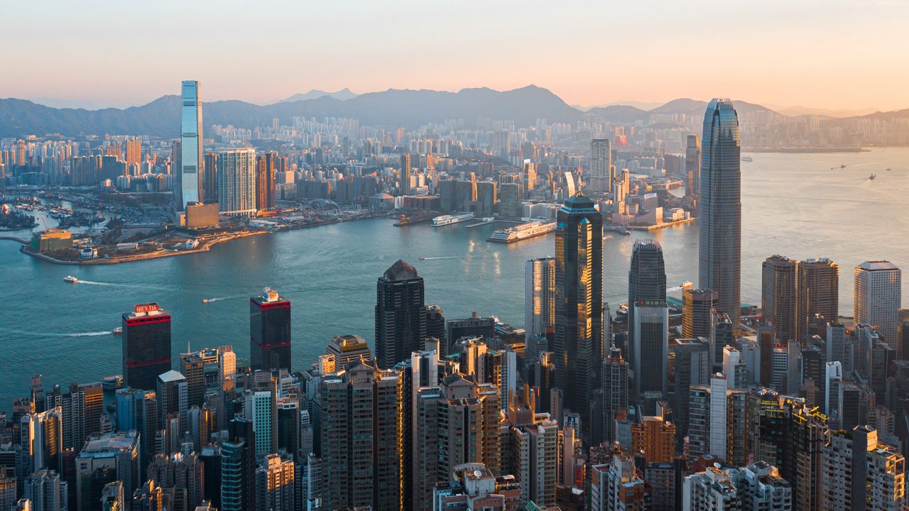 Wallpaper city, buildings, aerial view, river hd, picture, image