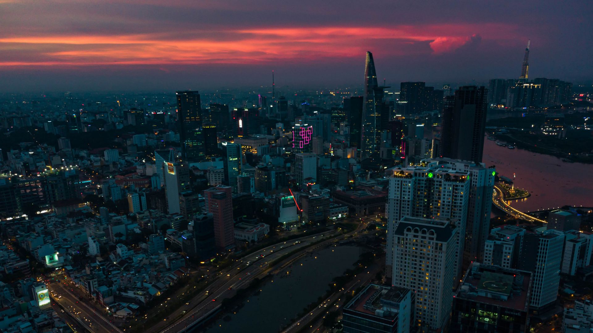 Download wallpaper 1920x1080 city, buildings, lights, aerial view ...