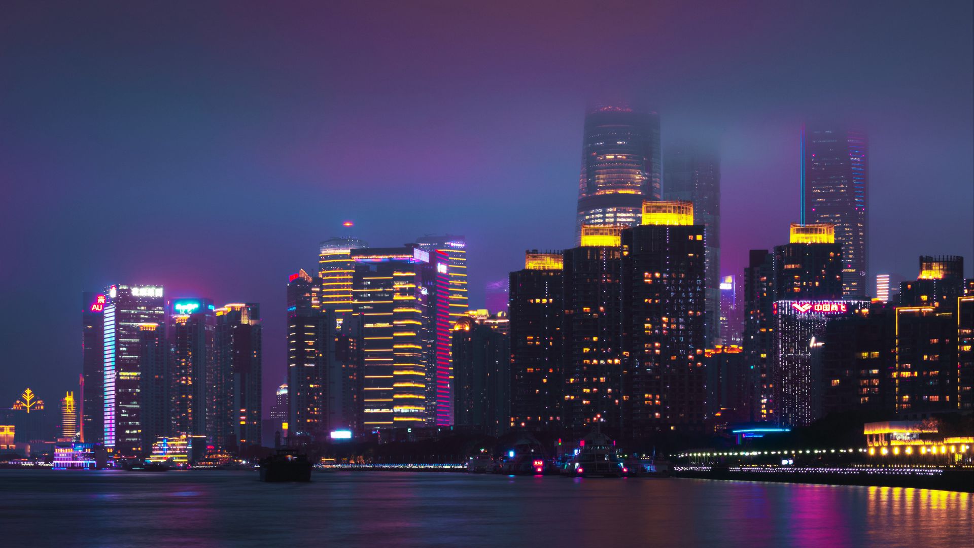 Download wallpaper 1920x1080 city, night city, buildings, water, purple ...