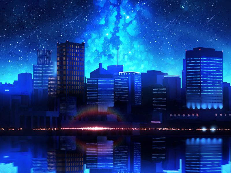 Download wallpaper 800x600 city, night, starry sky, water, reflection ...