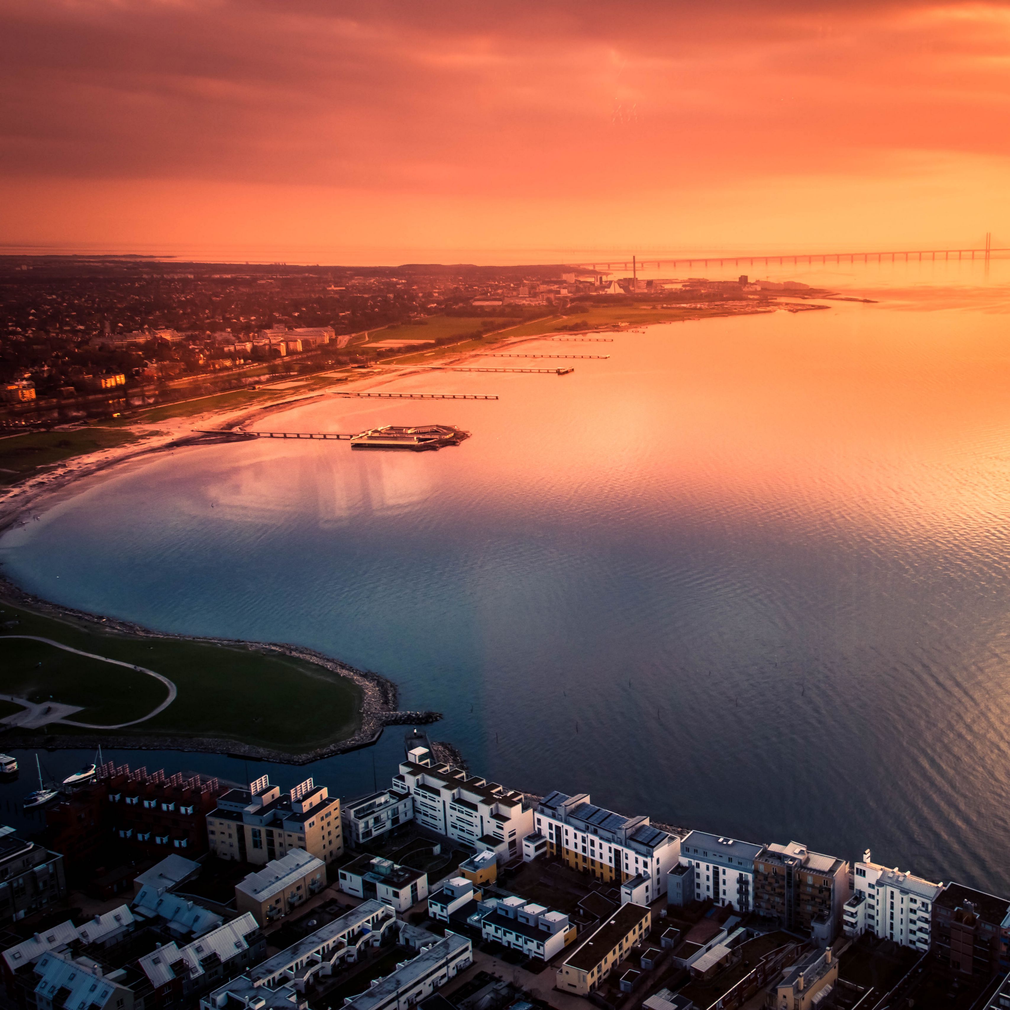 Download wallpaper 3415x3415 city, sea, aerial view, coast, sunset ipad ...