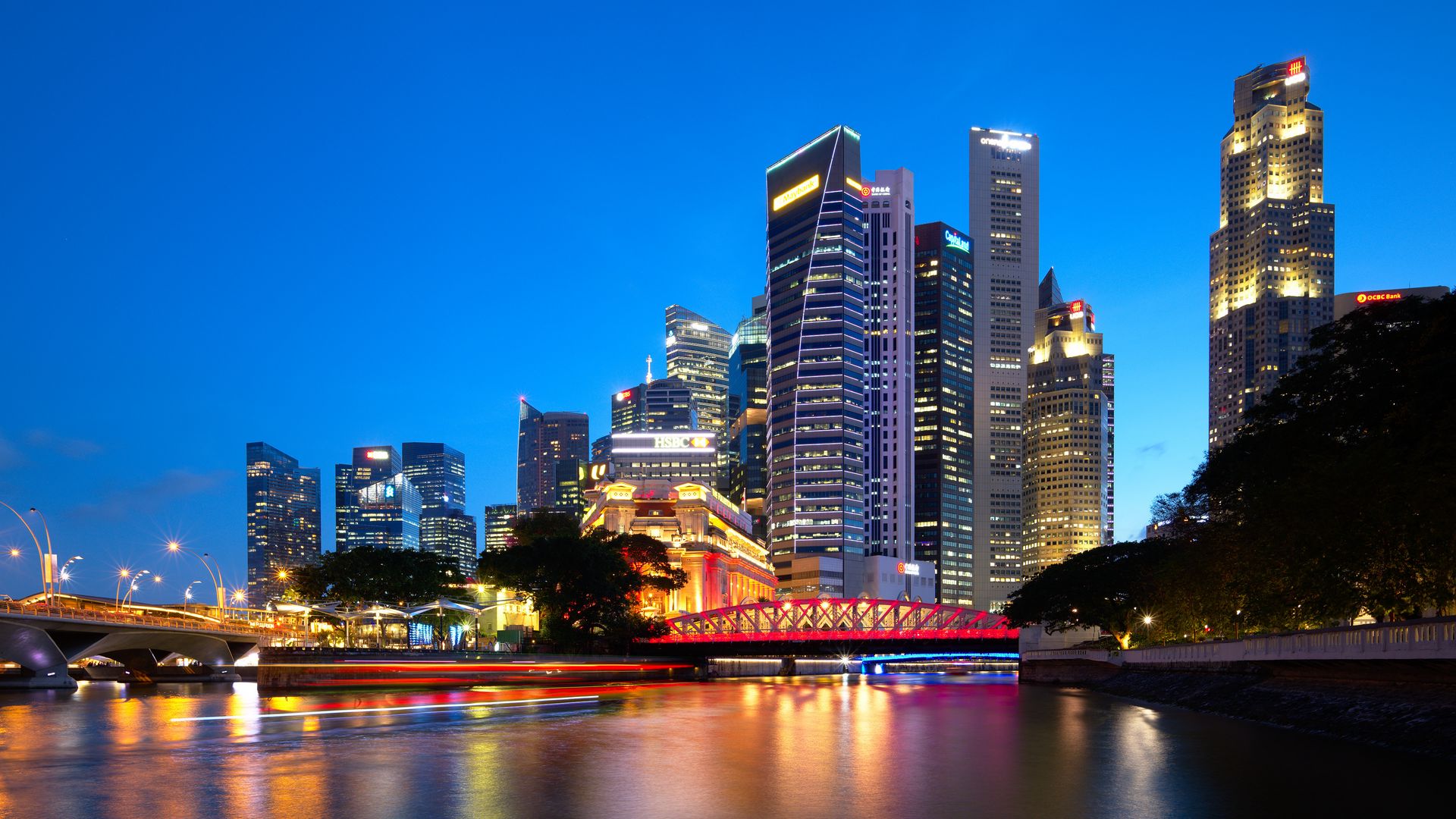 Download wallpaper 1920x1080 city, skyscraper, glow, lights, river full ...