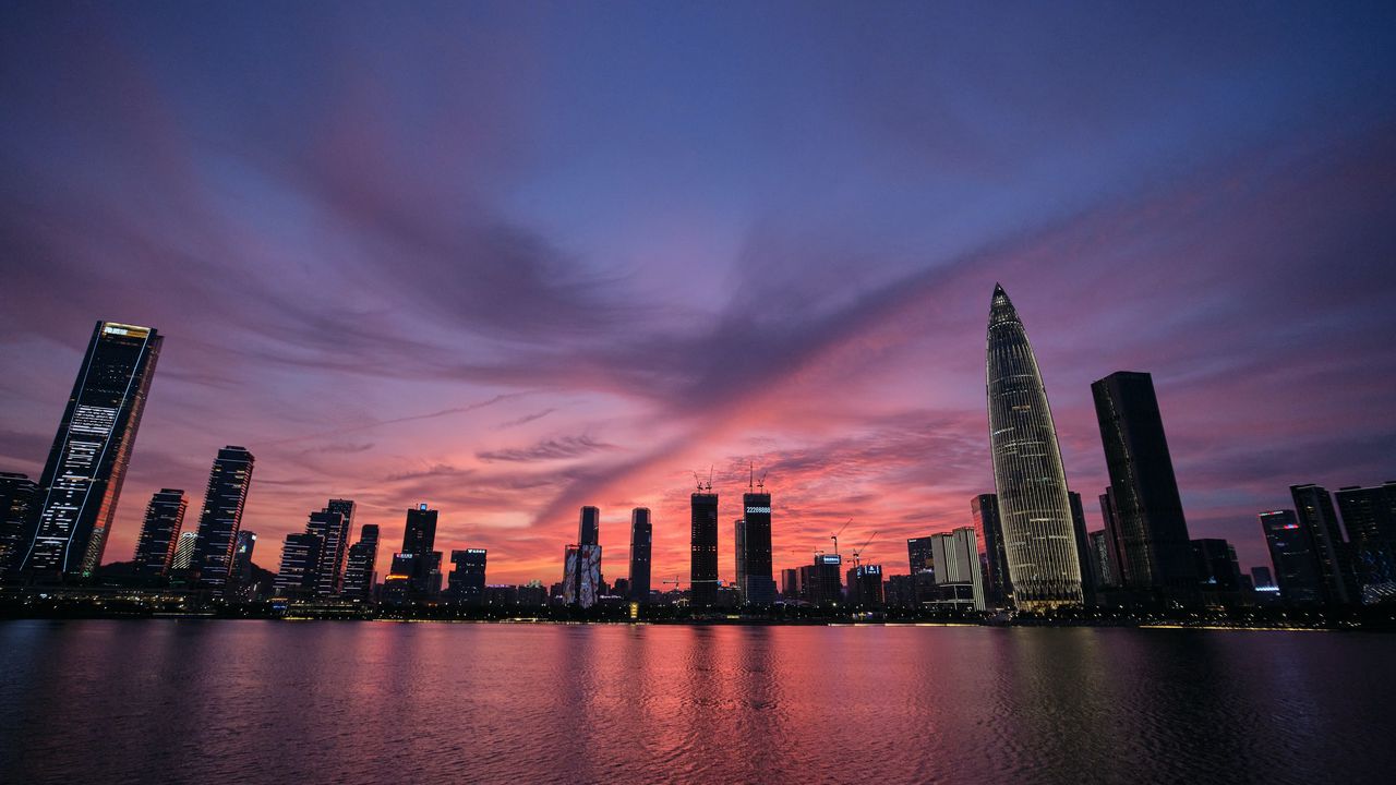 Wallpaper city, skyscrapers, sunset, sea hd, picture, image