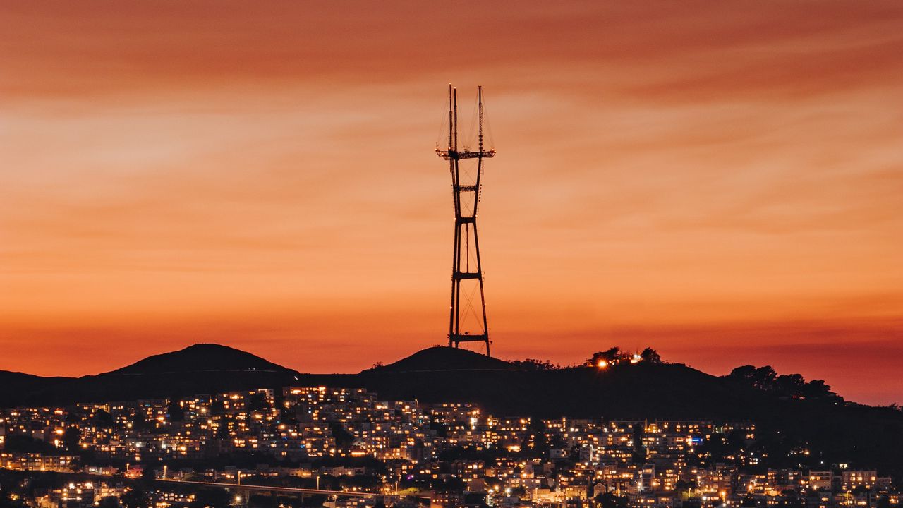 Wallpaper city, tower, buildings, lights, sunset hd, picture, image